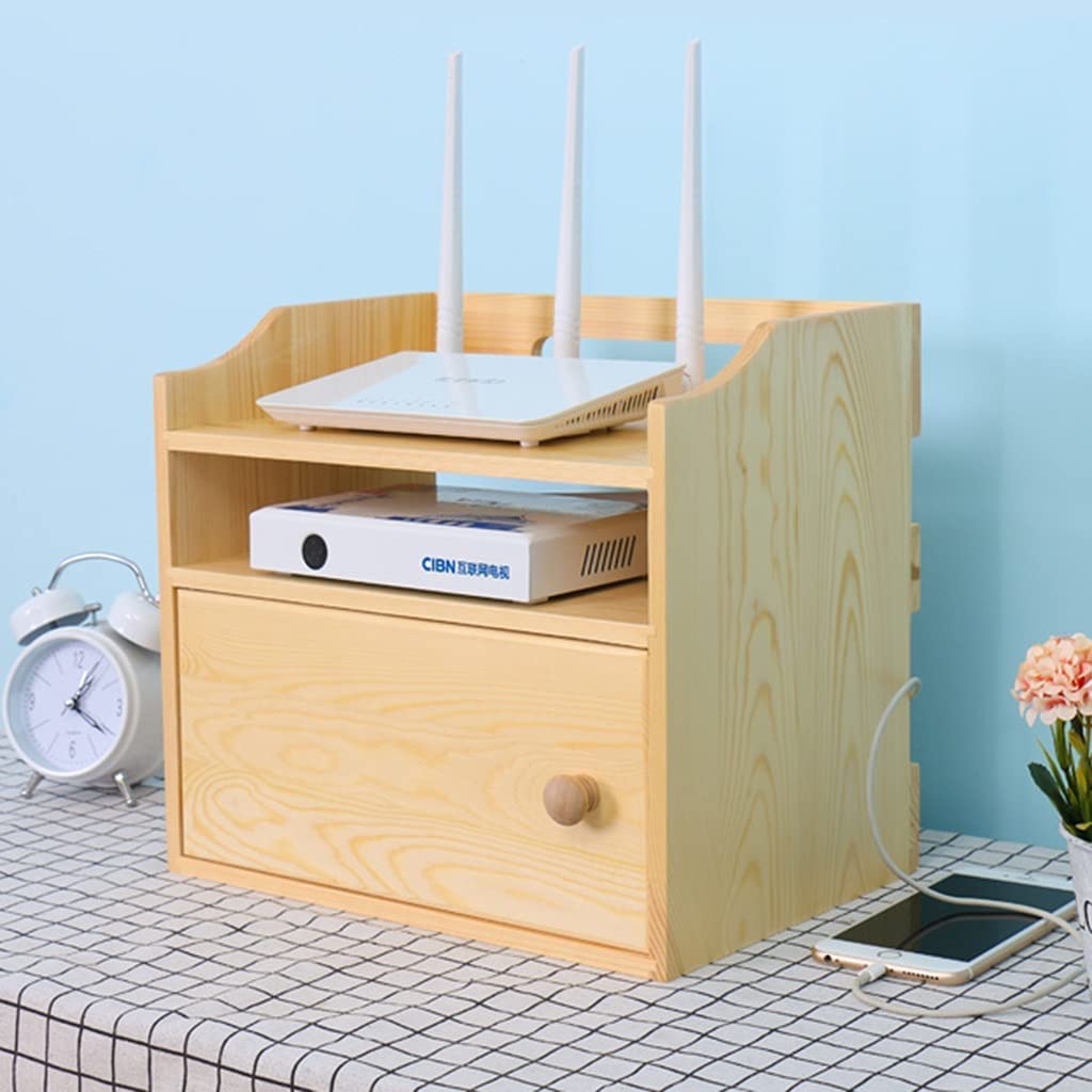 AVEEWA Wireless Router Storage Shelf Solid Wood Wireless Router Storage Box Desktop Set-Top Box Rack WiFi Box/Wood Color/32 * 21.5 * 28.5Cm