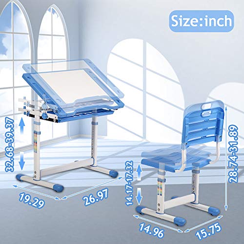 Kids Desk and Chair Set Adjustable Height Ergonomic Children's Table with Storage Drawer Kids Study Homework Desk Table for 3-15 Kids (Blue)