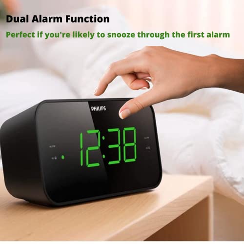Philips Digital Alarm Clock Radio, FM Radio Alarm Clocks for Bedrooms, Dual Alarm Clock Radios for Bedroom with Battery Backup, Sleep Timer Function, Easy Snooze and Large LED Display - Black