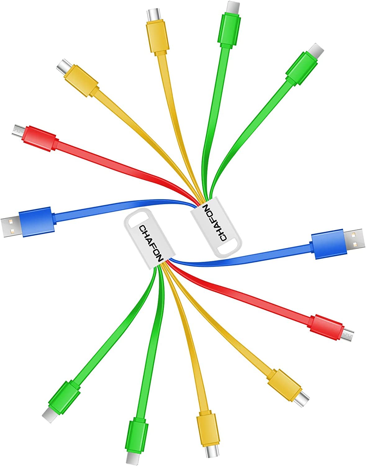CHAFON Multi Charging Cable Short, 2Pack 6 in 1 Multiple USB Fast Charger Cord Adapter Type C Micro USB Port Connectors Compatible with Cell Phones/Tablets/Portable Charger (Multi-Colored)