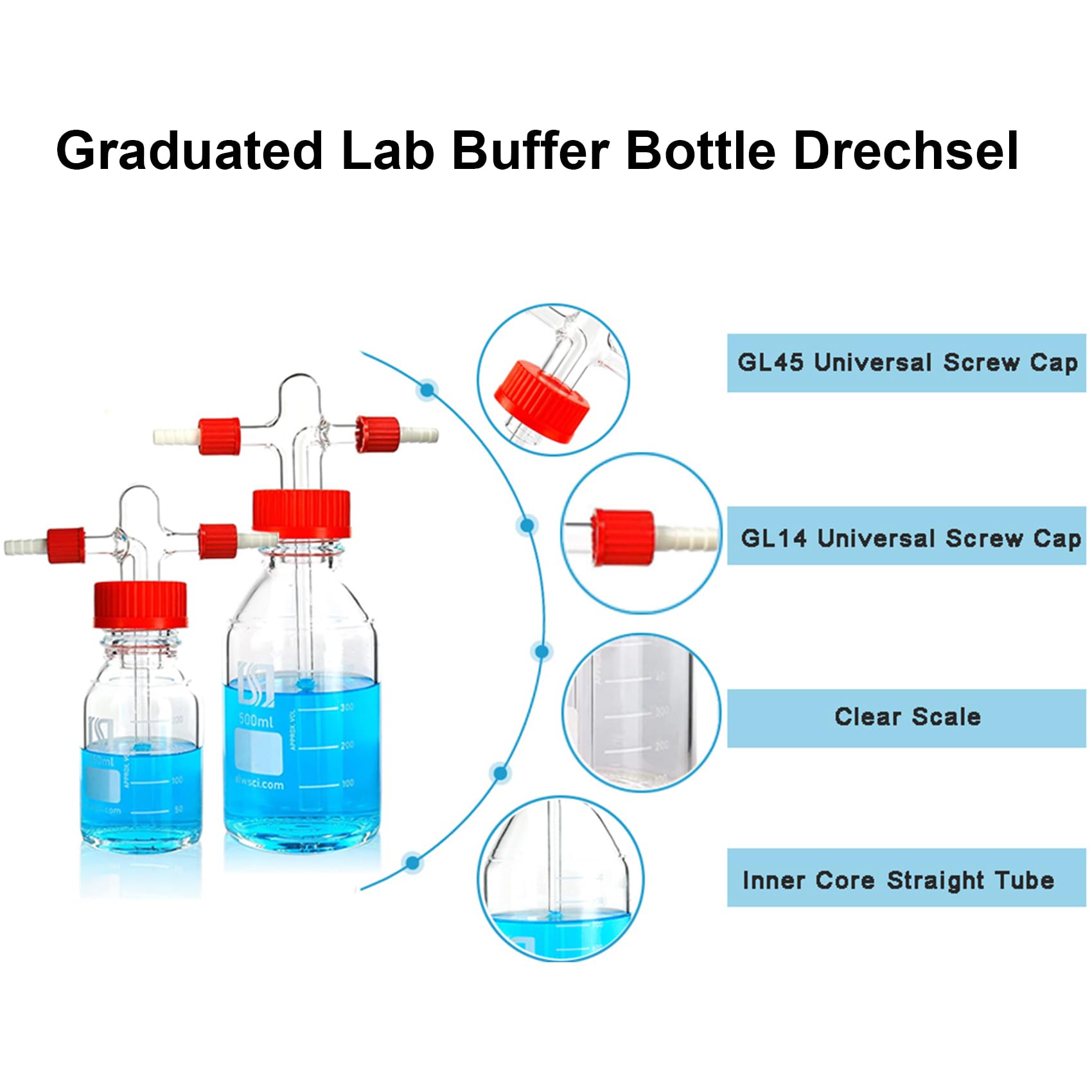 ALWSCI Lab Gas Washing Bottle Glass 500mL Graduated Lab Buffer Bottle, Drechsel Head GL45 with Filter disc Adjustable Immersion, 2 threads GL14 PBT Red Screw Cap, 1set