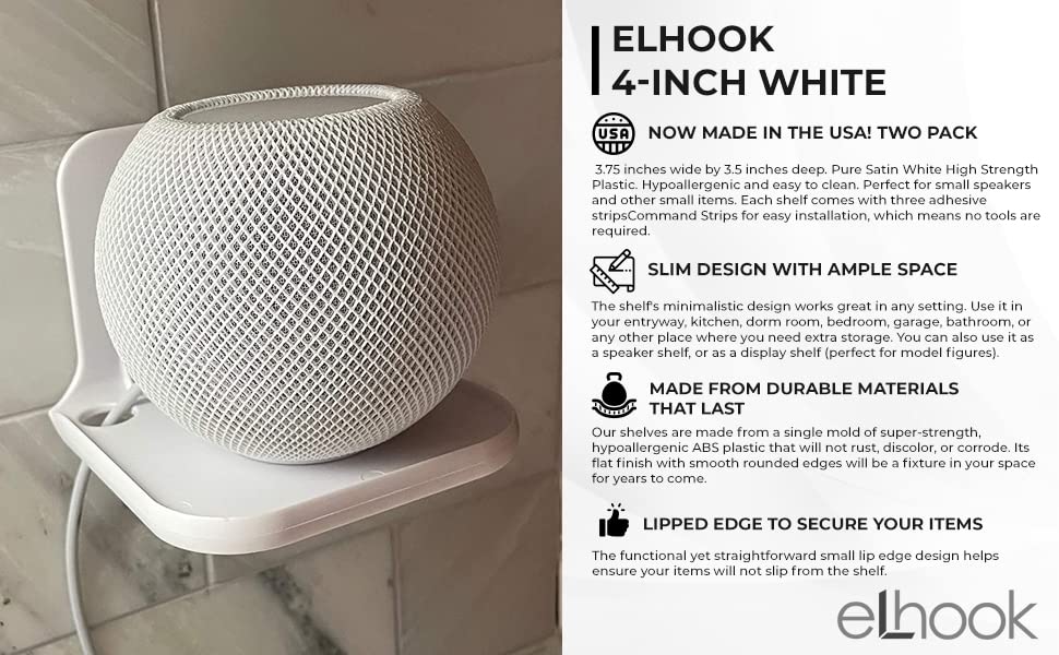 eLhook Made in USA White Stick-On Wall Shelf: Durable ABS Plastic with Cable Management for Indoor Security Camera, Textured Finish, Lipped Edges | Removable Adhesive Floating Design | Set of 2