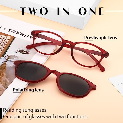 FEISEDY Fashion Reading Sunglasses Women Men Square Reader Sunglasses UV400 Protection Polarized Lens B2390(Red,1.50x)