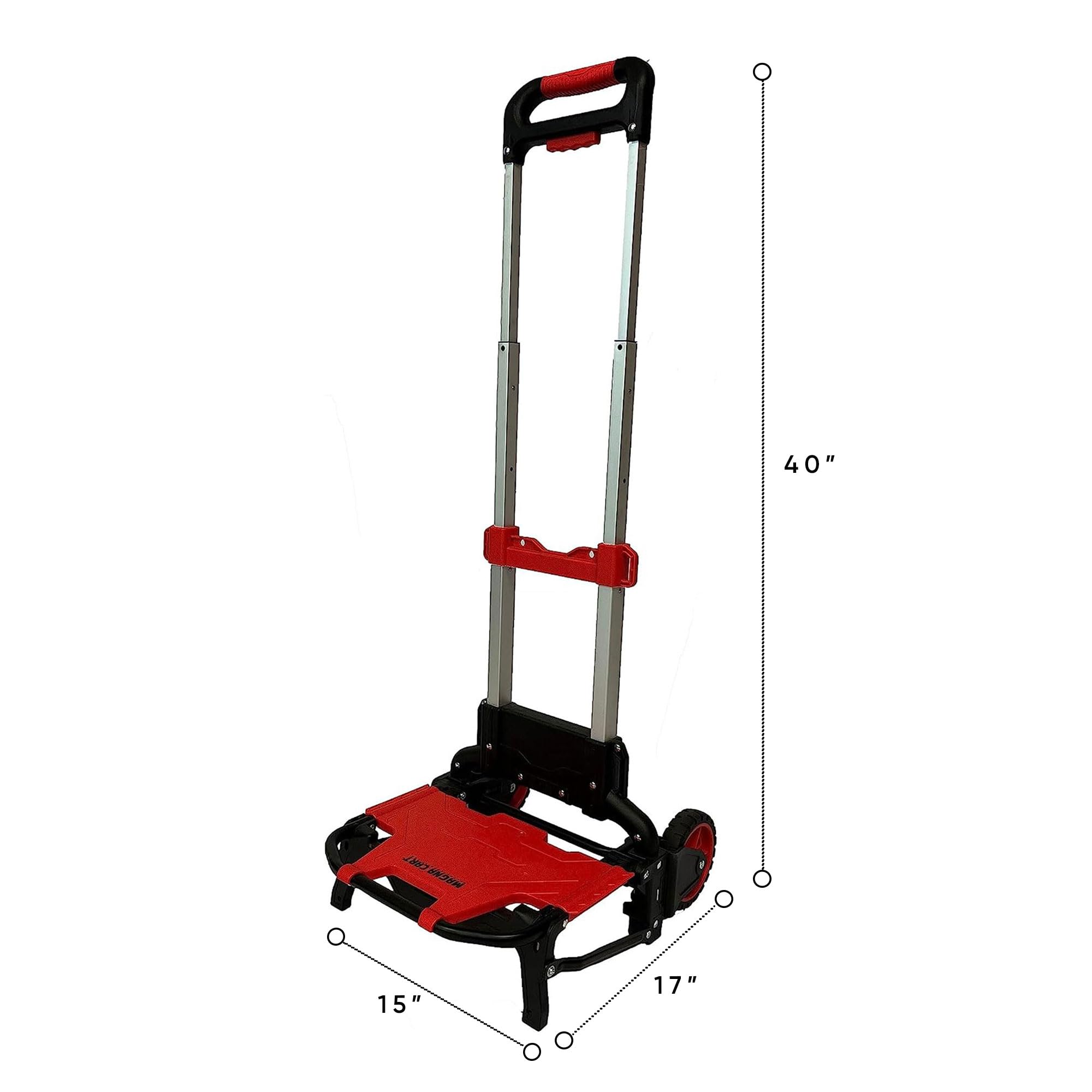 Magna Cart Durable 150 Pound Weight Capacity Foldable Hand Truck Utility Shopping Cart with Wheels and Bungee Cord to Secure Heavy Loads, Black/Red