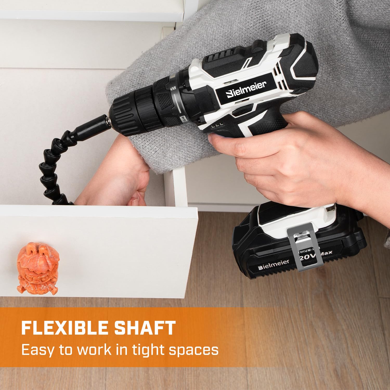 Bielmeier 20V MAX Cordless Drill Set – 285 In-lb Torque,2 Variable Speed,64+1 Position,3/8" Keyless Chuck,Drill Machine Includes 2 Brushes,Flex Shaft,Cloth Bag & 58 Drill Bits(Black)
