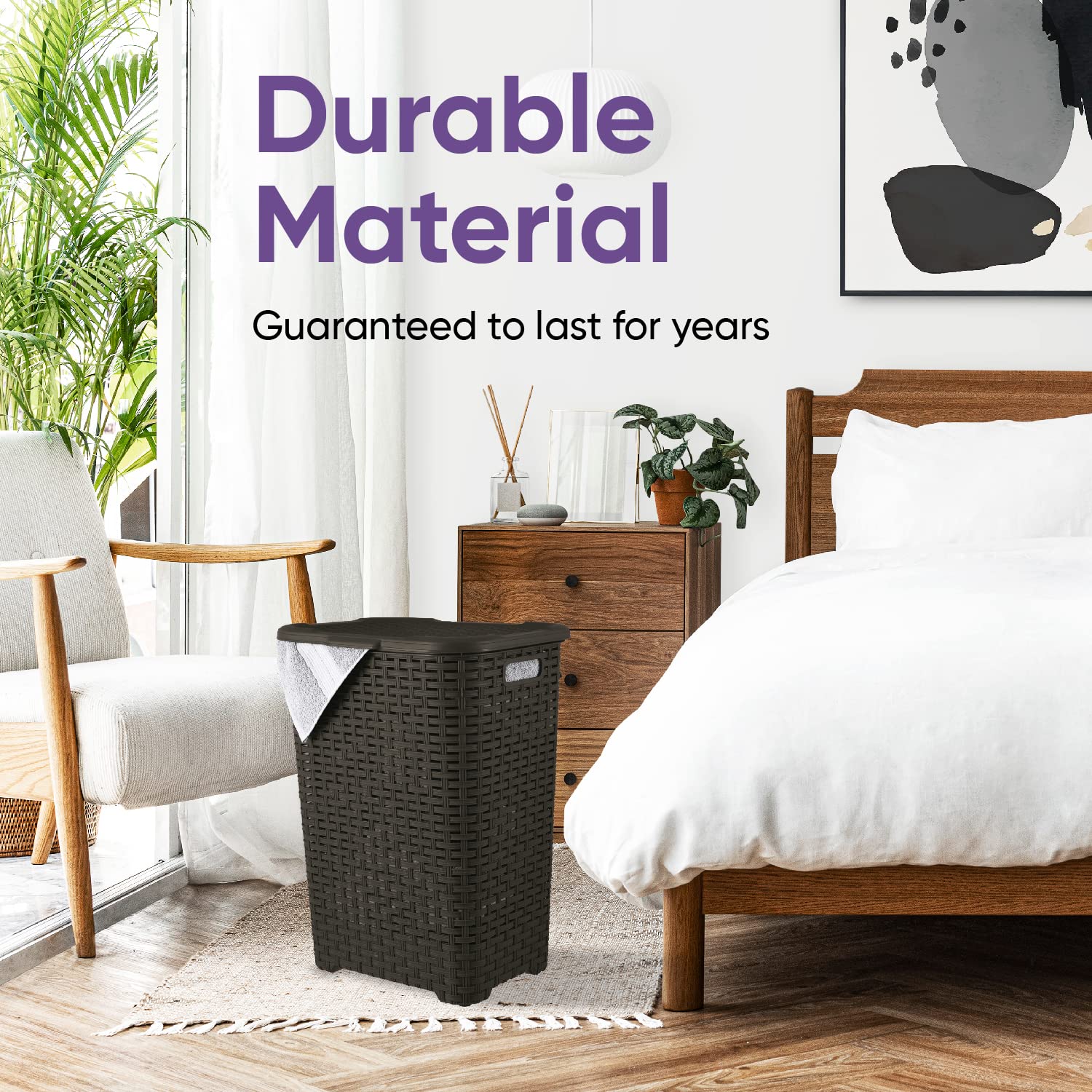 Plastic Laundry Hamper with Lid Laundry Hamper Basket, Brown Tall Cloths Hamper Organizer with Cut-out Handles. Space Saving for Laundry Room Bedroom Bathroom, Wicker Design 60 Liter