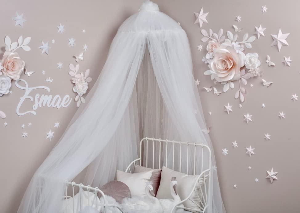 ADESIGNSTORE White Princess canopy with two tulle 9" pom poms set - Baby Crib Bed Mosquito net Reading Nook - Princess House Castle Bed Hanging Sheer Canopy 10 Layers
