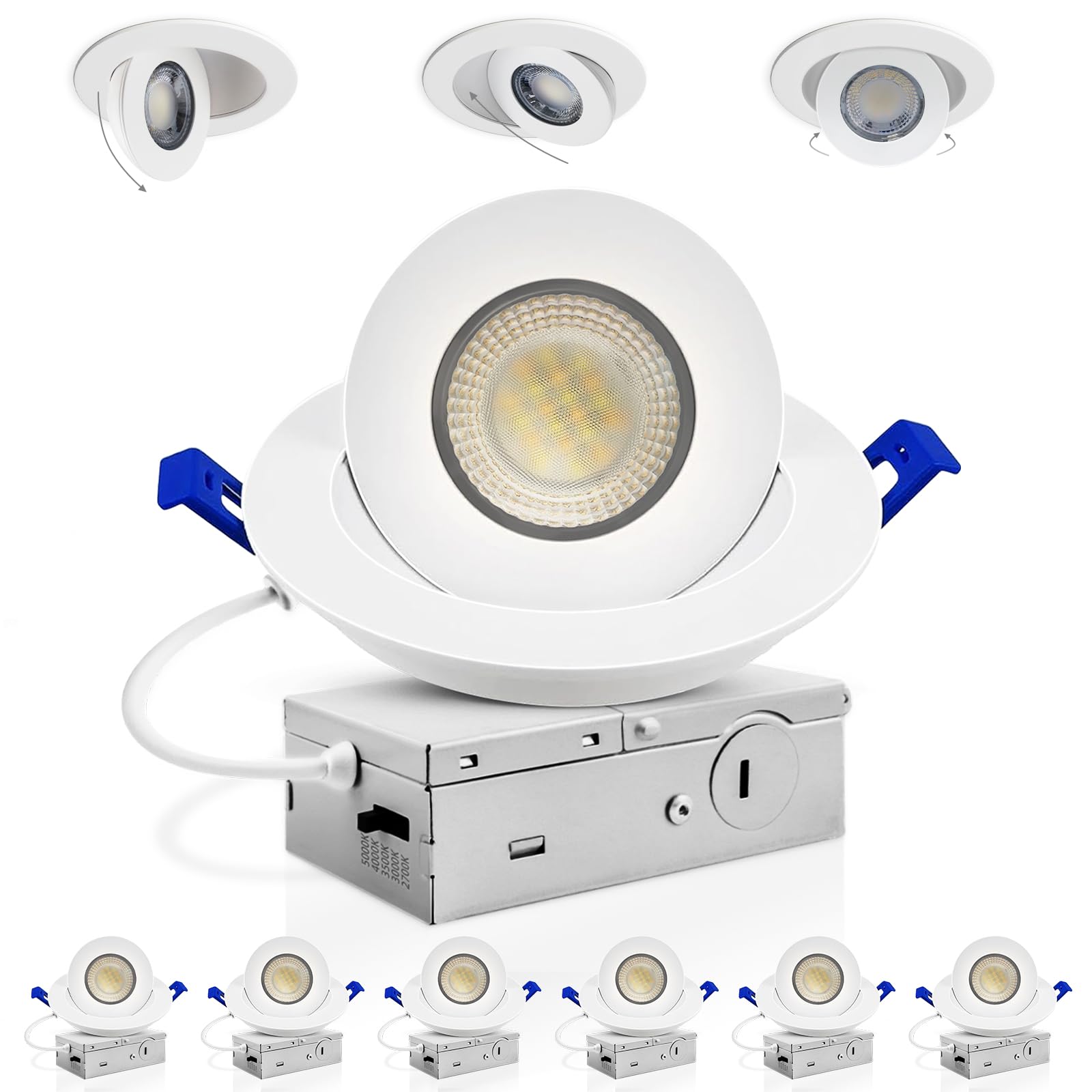Adetu 4 Inch Gimbal Led Recessed Lights, 360°+90° Adjustable Directional Recessed Lighting, 2700K/3000K/3500K/4000K/5000K Dimmable Retrofit Eyeball Can Lights with Jbox, ETL(White, 6 Pack)