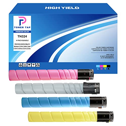 Toner Tap High Yield for Konica Minolta Bizhub C258 C308 C368 C454 C554 C454e C554e (4 Pack Bundle) TN-324K TN-324C TN-324M TN-324Y TN-512K TN-512C TN-512M TN-512Y Compatible Replacements