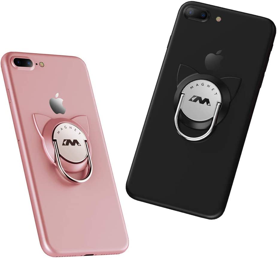 Cell Phone Ring Holder, Apqdw Cat Phone Ring Stand, Metal Phone Finger Ring Grip for Smartphone, Phone Cases and Tablets (2 Pack, Black/Rose Gold)
