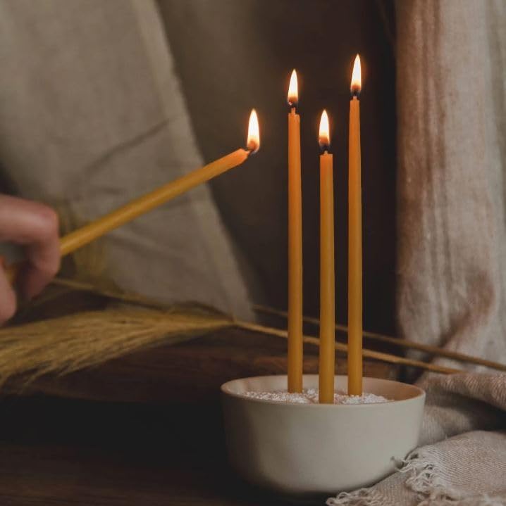 BCandle 100% Beeswax 2-hour Candles Organic Hand Made - 7 1/2 Inch Tall, 3/8 Inch Diameter (Pack of 12), Porcelain Candle Holder