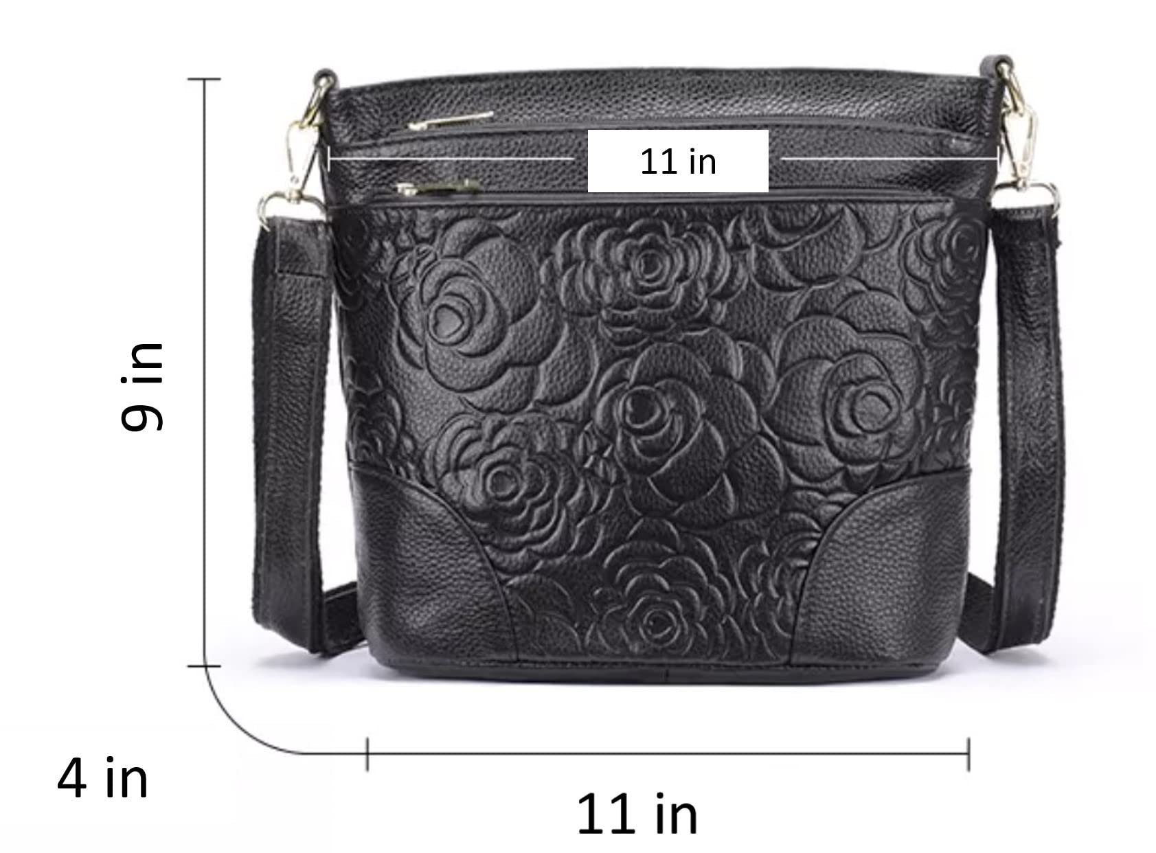 Aslana Floral-Embossed Genuine Leather Shoulder Crossbody Bag Handbag for Women (Floral-Embossed Black)