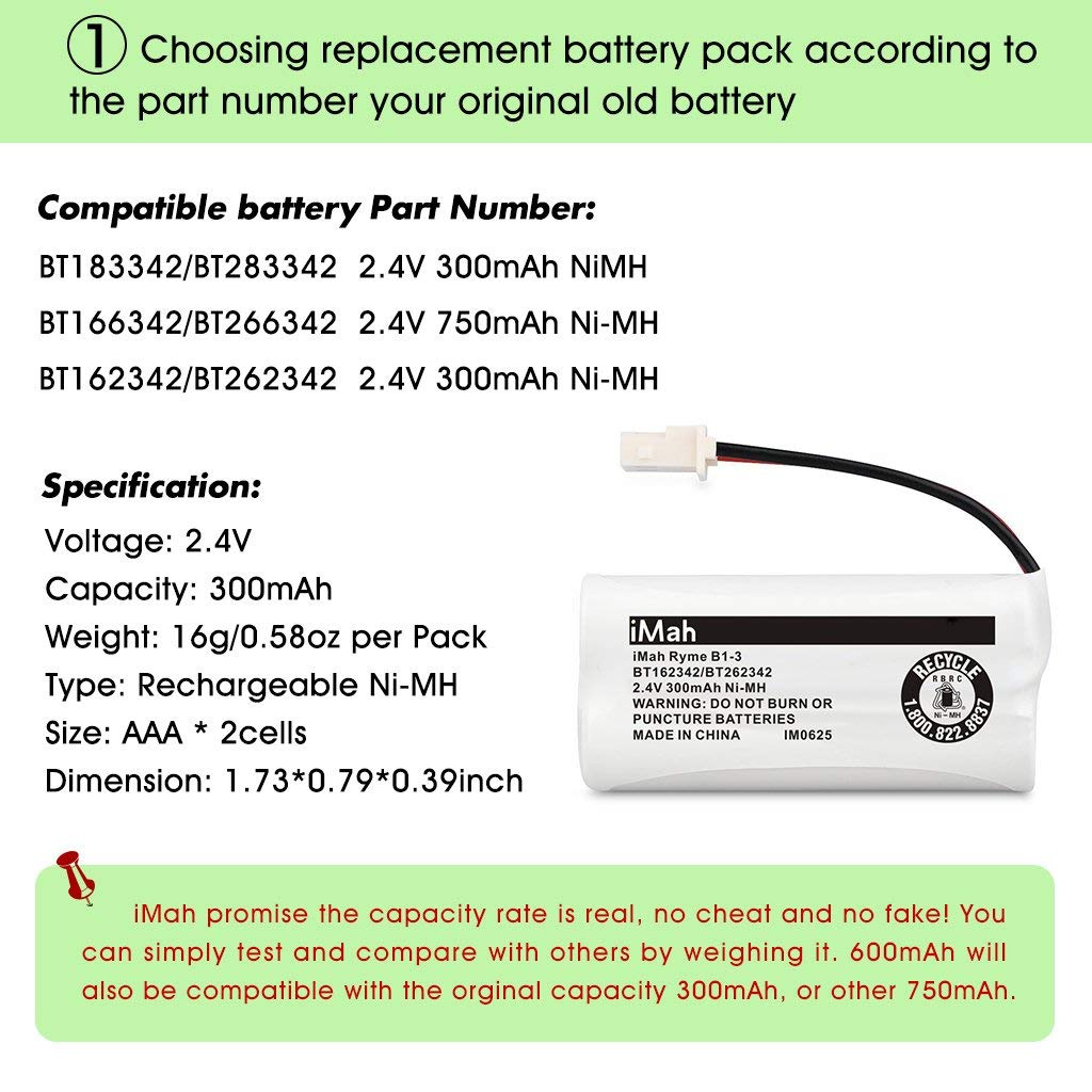 iMah BT162342 BT262342 BT183342 BT283342 Cordless Phone Batteries Compatible with VTech CS6114 CS6419 CS6719 AT&T EL5210 EL52300 EL52400 CL81101 CL80111 Handset Telephone, 2-Pack