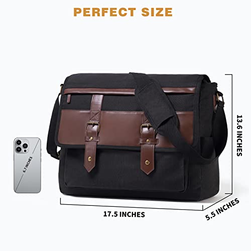 Celvetch Laptop Messenger Bag - PU Leather Briefcase for Men Canvas Shoulder Bag Computer Bag for Work Travel College - Black
