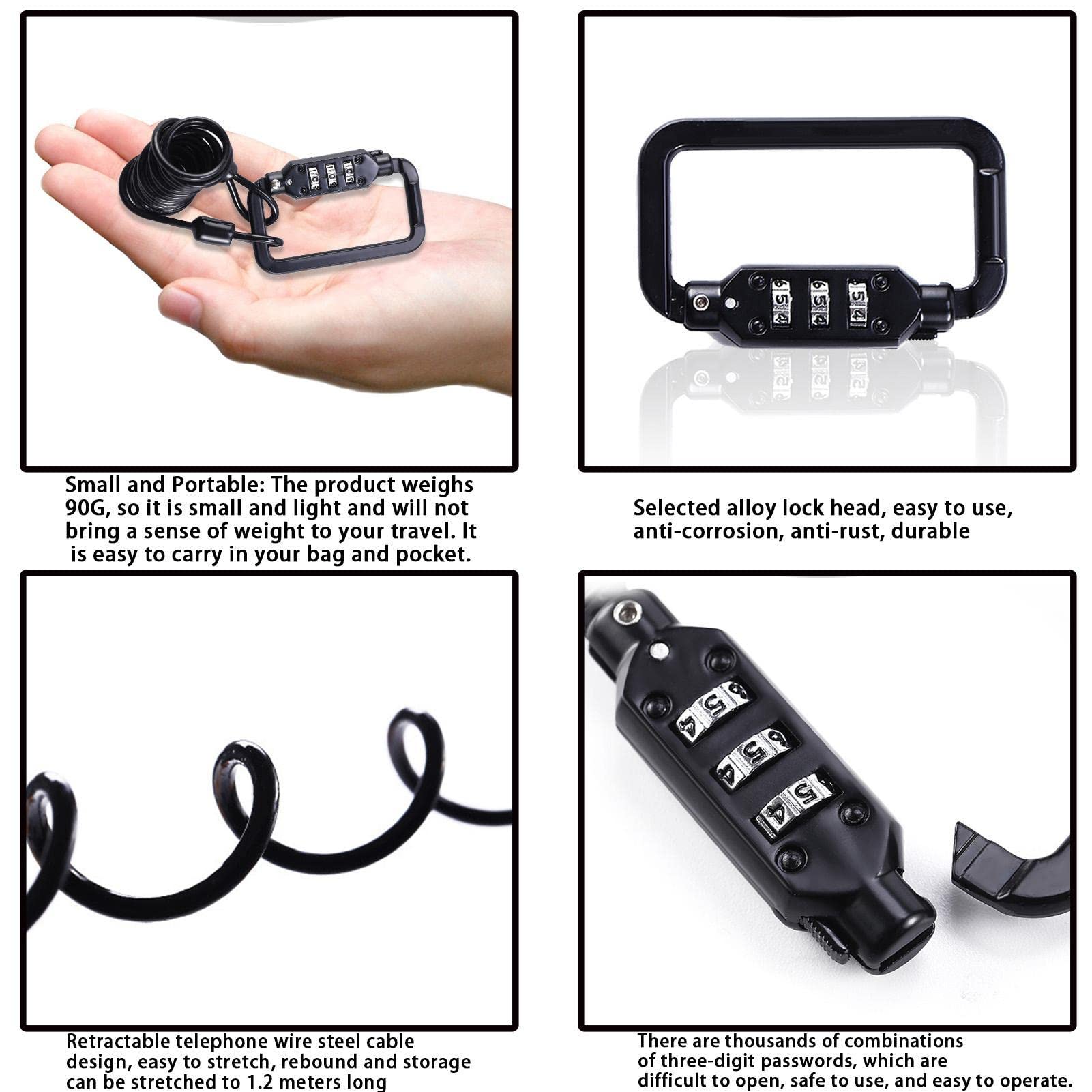 ANBID Helmets Lock - 1.2m/47.24in Coil Mini Universal Cable Lock for Helmets | Bike Accessories for Locking Helmets, Bicycle, Bag (Color : 5 Pcs Black)