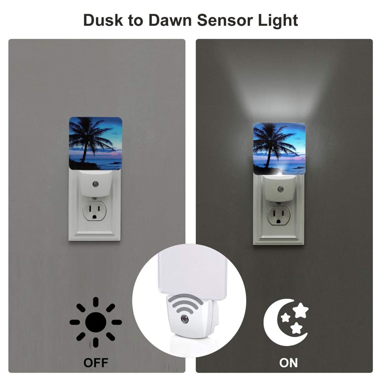 AWNEVZU Ocean Beach Palm Trees Night Light Plug into Wall for Kids Bedroom Room with Dusk to Dawn Sensor Compact Led Nightlight Nursery Hallway Kitchen Decor Lamp