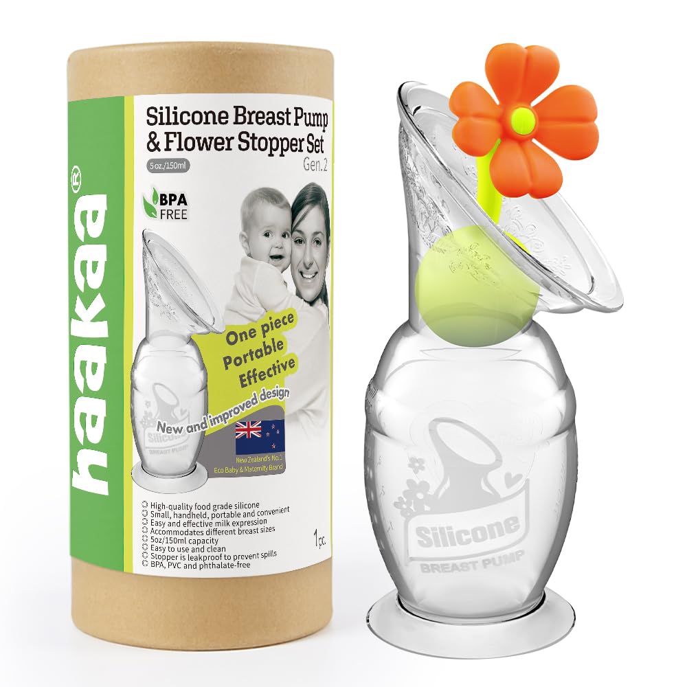 haakaa Manual Breast Pump Hand Pump Milk Pump Breast Milk Collector with Suction Base and Flower Stopper 100% Food Grade Silicone BPA Free (5oz/150ml) (Orange)