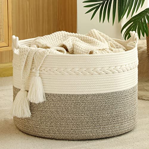 KAKAMAY Large Cotton Rope Blanket Basket (20"x13"),Woven Baby Laundry Hamper,Blanket Basket for Nursery, Laundry, Living Room, Pillows, Toys (White/Beige/Grey)