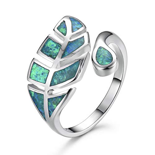 Adjustable Leaf Ring Opal Leaf Ring, 925 Sterling Silver Adjustable Rings for Women Teen, 14K White Gold/Rose Gold Open Leaf Ring Fall Jewelry for Women