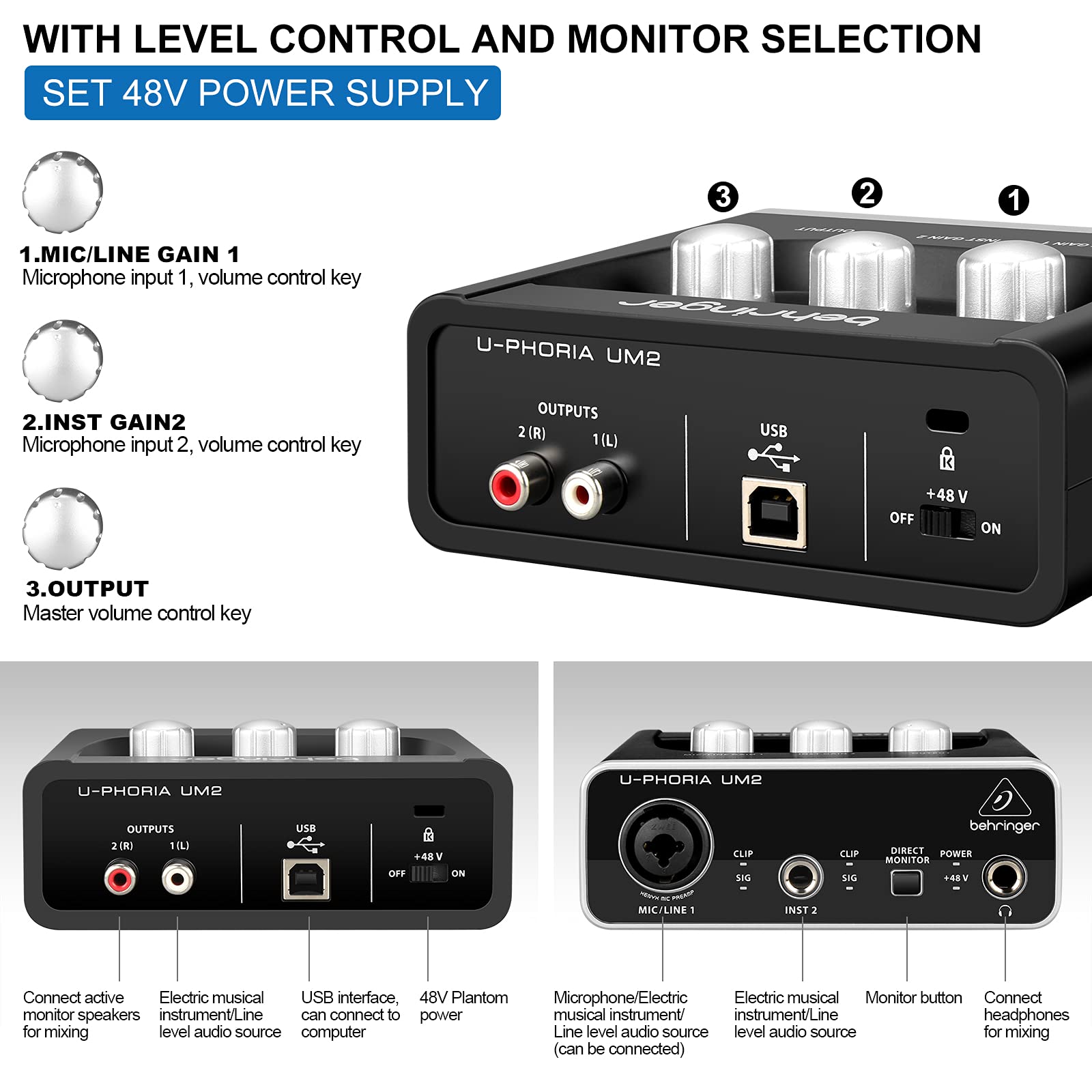 Aokeo Computer Microphone, Pc Mic and BEHRINGER UM2 Audio Interface,Studio Condenser Microphone with Shock Mount, Pop Filter, and XLR Cable Studio Microphone for Music