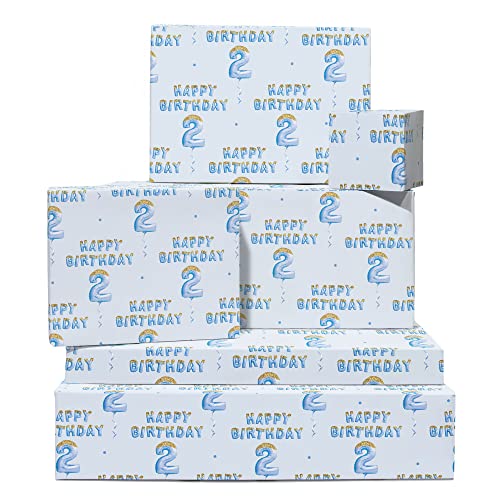 CENTRAL 23 Baby Boy Wrapping Paper - Age Two - 6 Sheets Blue Wrapping Paper - Happy 2nd Birthday Wrapping Paper - Comes With Stickers - Recyclable
