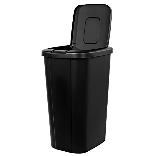 AtPRd Solid Color 13.3 Gal Touch Top Plastic Trash Can, Spring Loaded Lid Garbage Bin for Kitchen,Home, Bedroom, Bathroom,Office & Slim Space-Saving, Black