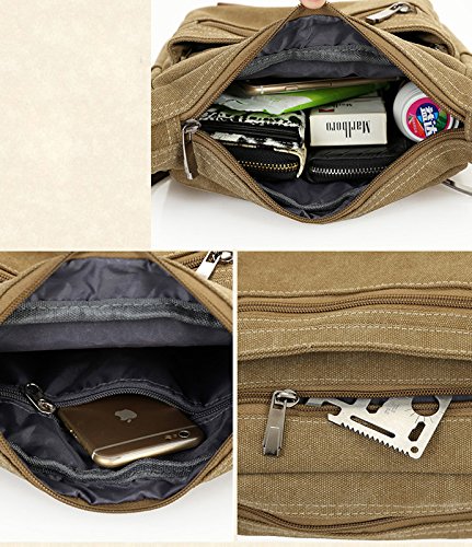 Canvas Shoulder Bag for Women and Men Messenger Handbags Cross Body Multi Zipper Pockets Bag