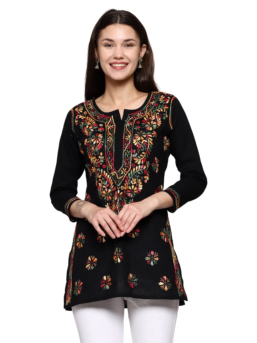 Ada Indian Hand Embroidered Chikankari Black Cotton Top Tunic Kurti A225311 (Large)