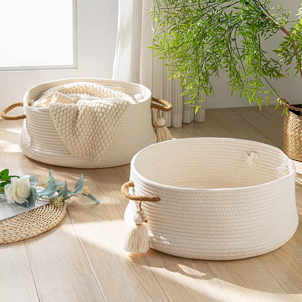 KAKAMAY Woven Baskets for Storage(16"x8"),Blanket Basket for Organizing Living Room,Cotton Rope Basket Woven Baby Laundry Hamper,Collapsible Laundry Room Organization,Clothes,Toy Chest(White)