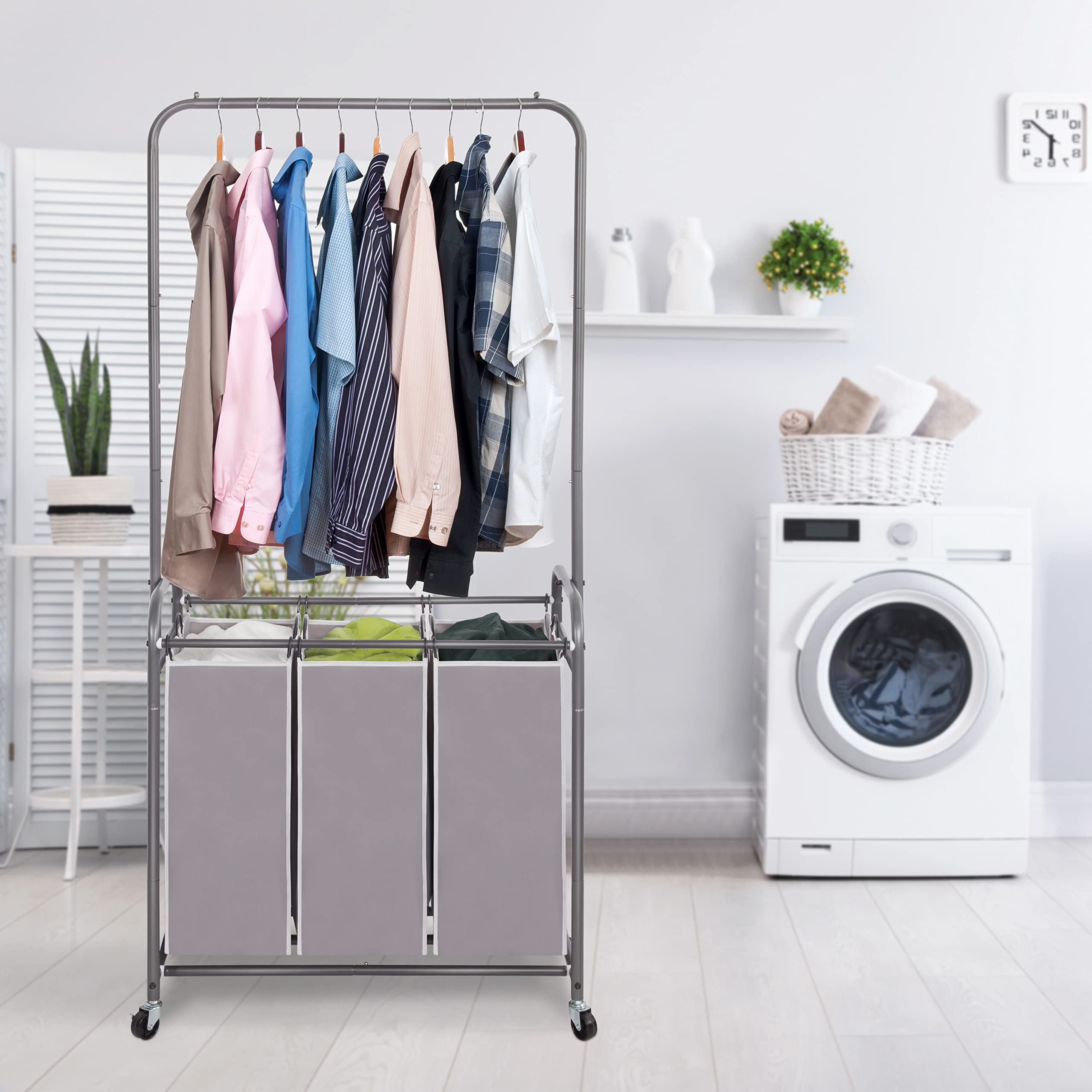 STORAGE MANIAC 136L Laundry Sorter with Hanging Bar, Portable, Removable Laundry Hamper Cart with Heavy Duty Rolling Lockable Wheels and Removable Bags, Rolling Laundry Basket Organizer, 3 Section