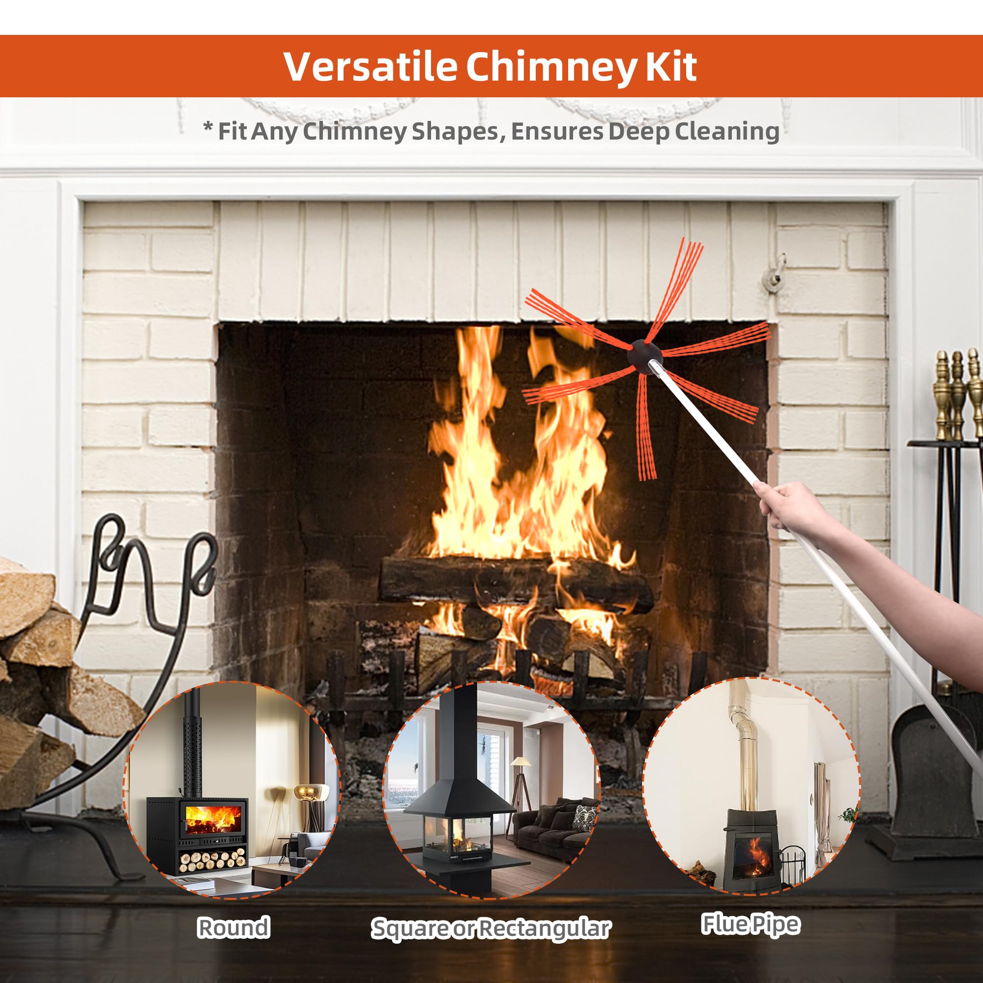 Chimney Cleaning Kit 30 Feet Chimney Sweep Kit, Chimney Brush Kit with 9 Nylon Flexible Rods and Strong Brush Head, Rotary Chimney Cleaner System Fireplace Brush Tool Driven by Drill for Home Use
