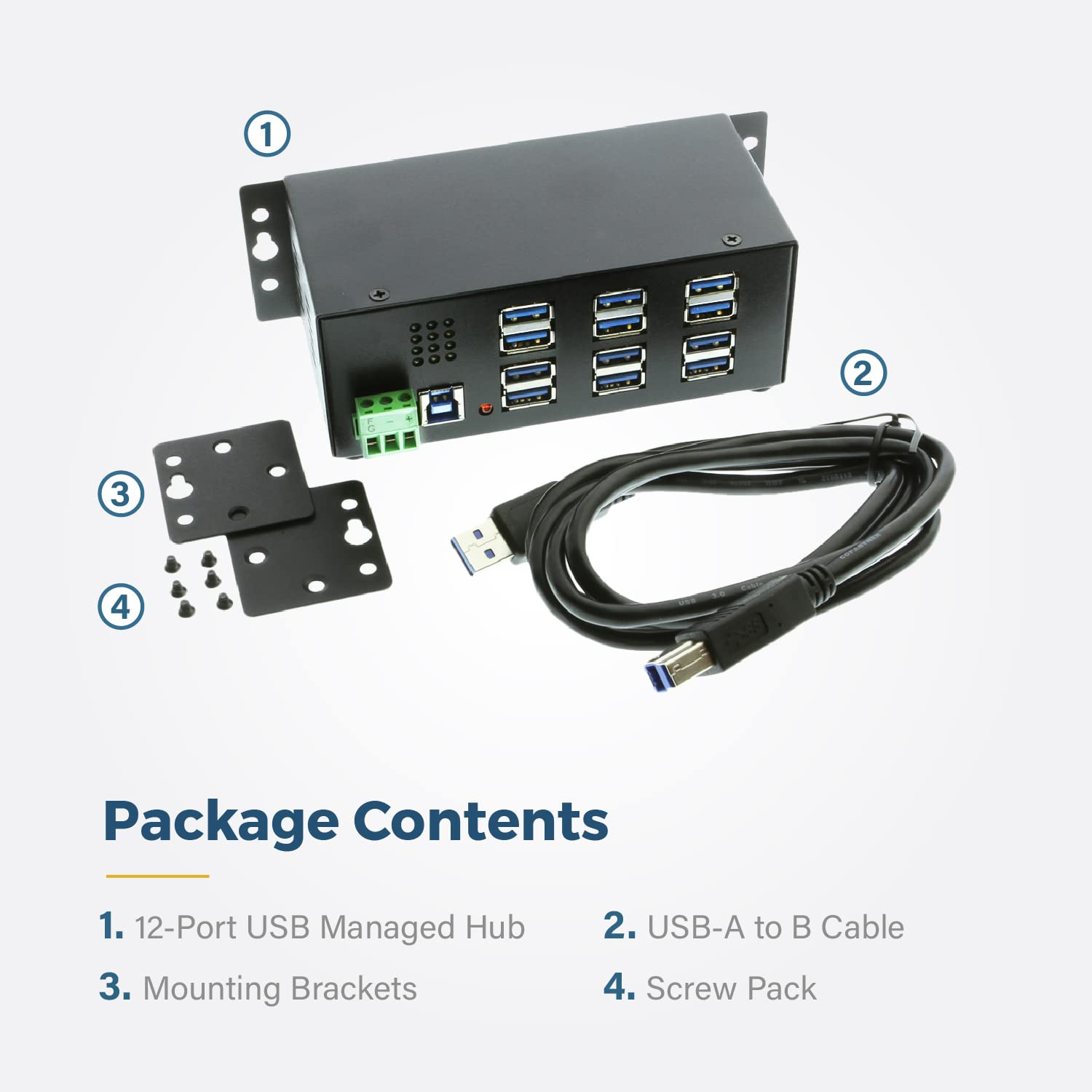 Industrial 12-Port USB 3.2 Gen 1 Hub with Status LEDs | Rugged Metal Chassis | 5Gbps Data | Wall & DIN-Rail Mounting
