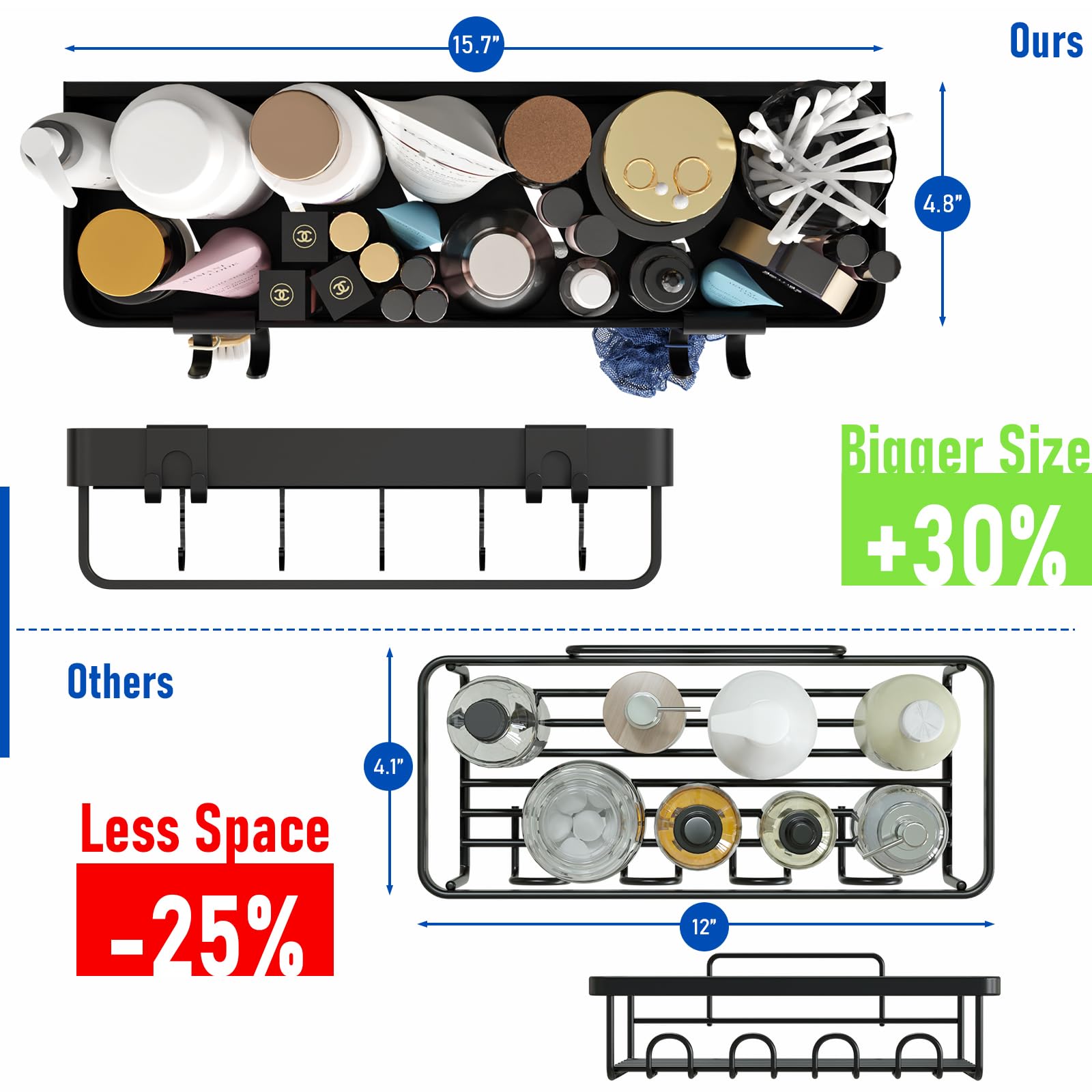 Big Lighting Deals Shower Caddy With Hooks And Towel Bar, Self Adhesive Shower Shelves For Bathroom Wall, Rust Proof Shower Shelf For Inside Shower, Shower Organizer, Black, No Drill, 2 Pack