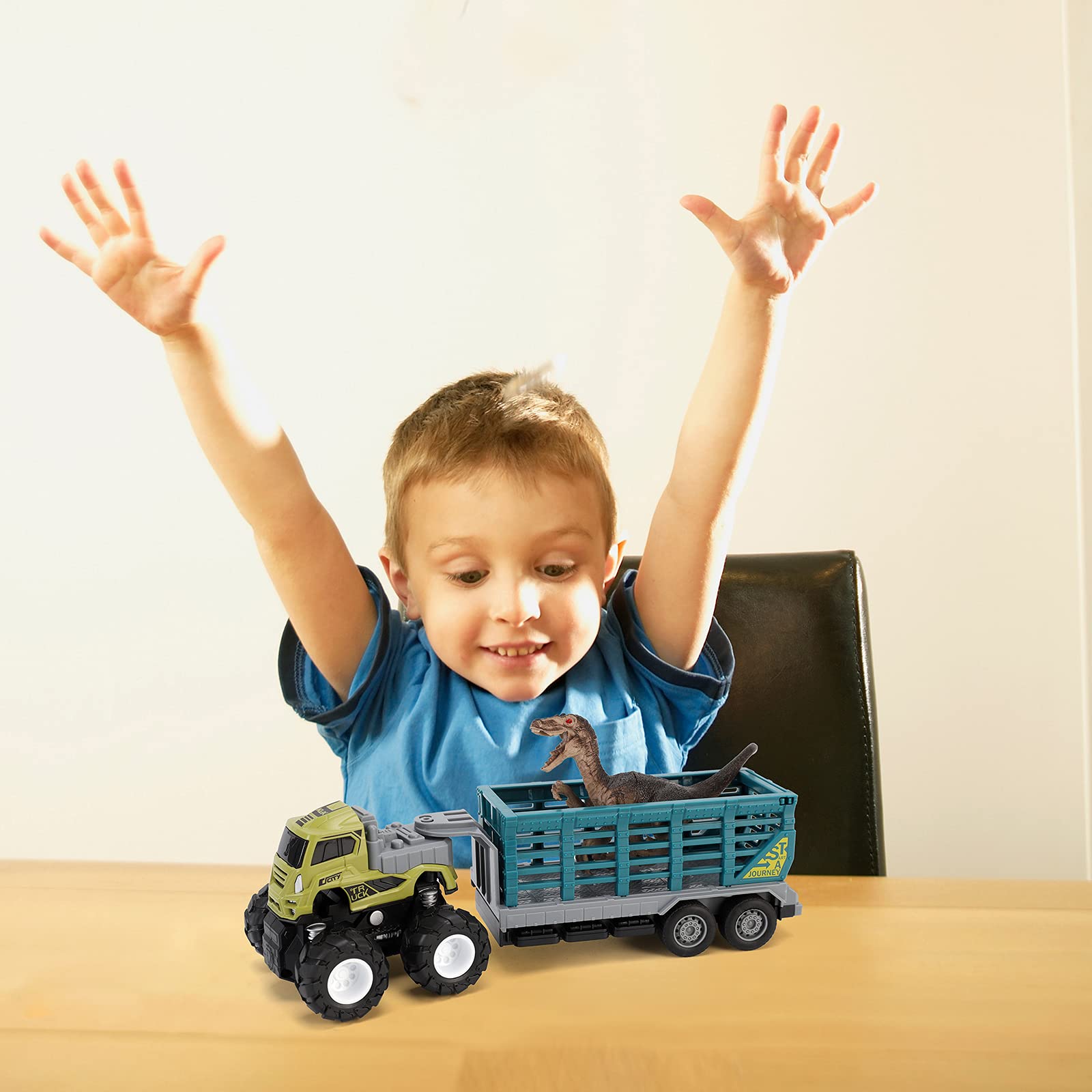 Dinosaur Transport Truck 9.8 inch Metal Trailer Belt 6.7 inch Velociraptor for 3 4 5 6 7 Year Old boy Toy