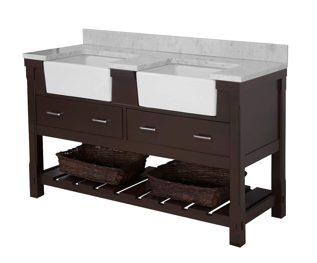 Charlotte 60-inch Double Farmhouse Bathroom Vanity (Carrara/Chocolate): Includes Chocolate Cabinet with Authentic Italian Carrara Marble Countertop and White Ceramic Apron Sinks