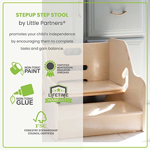 Little Partners Toddler Step Up Stool | Wooden Step Stool with 2 Position Height Adjustment for Kitchen, Bathroom and Nursery (Natural)