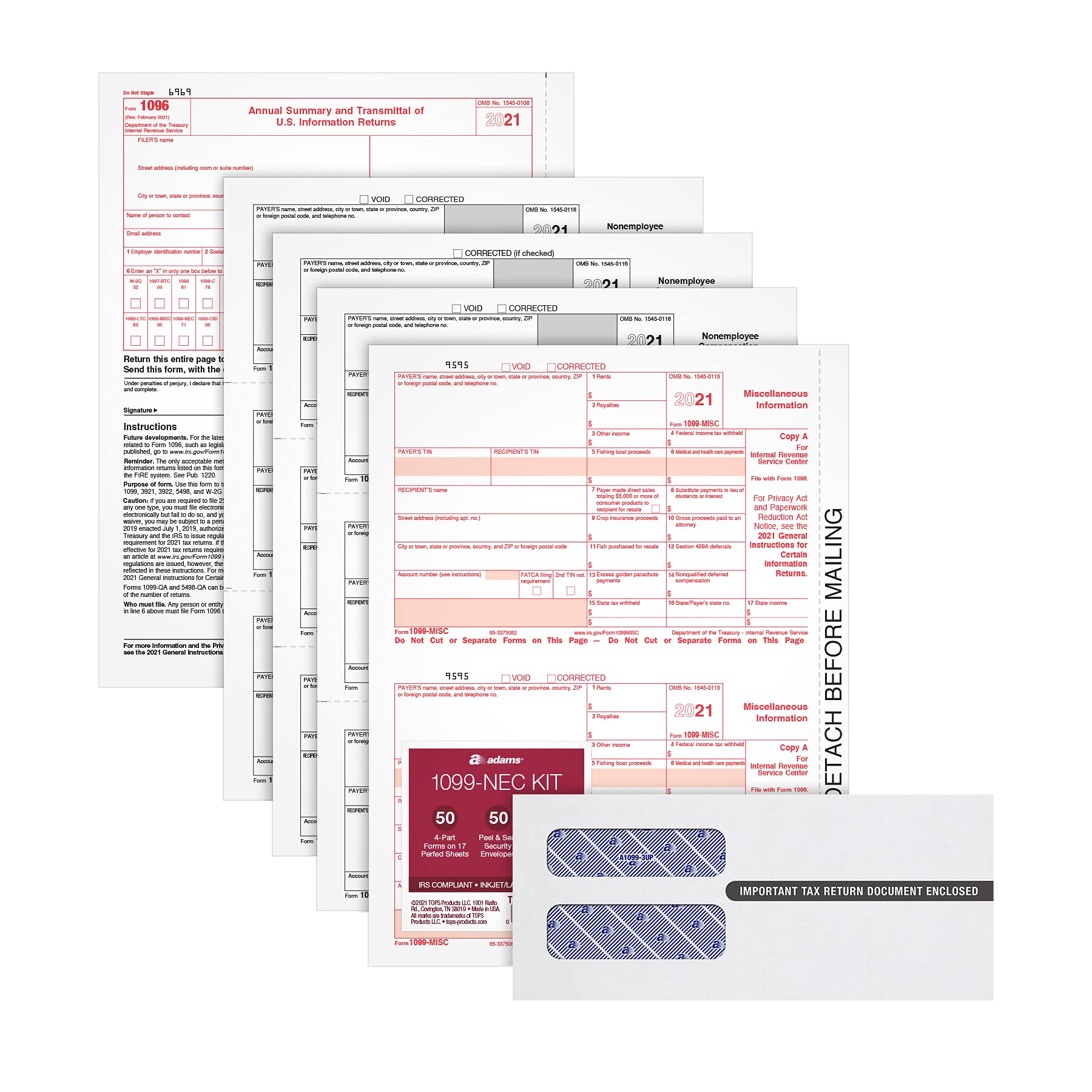 Adams 1099 NEC 3 Up Forms 2021, 4 Part Laser/Inkjet 1099 Forms with Self Seal Envelopes, for 50 Recipients, Includes 3 1096 Forms (TXA225504-NEC21)