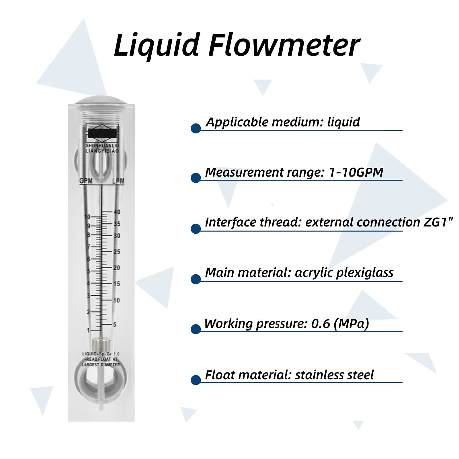 Water Meter, 1-10GPM 0.6MPa Knob Panel Type Liquid Meter, ZG1" Acylic Water Liquid Flowmeter for Measuring Rate of Liquid Medium