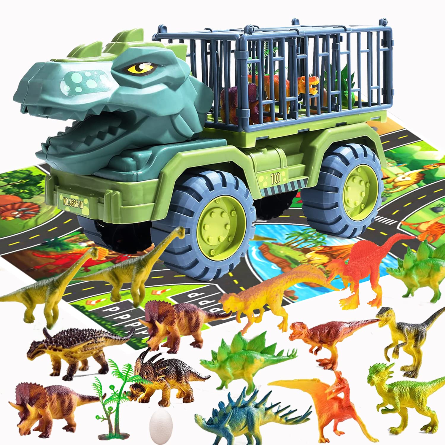 Dinosaur Transport Truck Boy Toys Car Carrier Train with 15PCS Dinosaurs 2 Crane Transport Toys for 3 4 5 6 7 Year Old Boys Girls Kids, Waterproof Mat Activity Playset (Dino Truck)