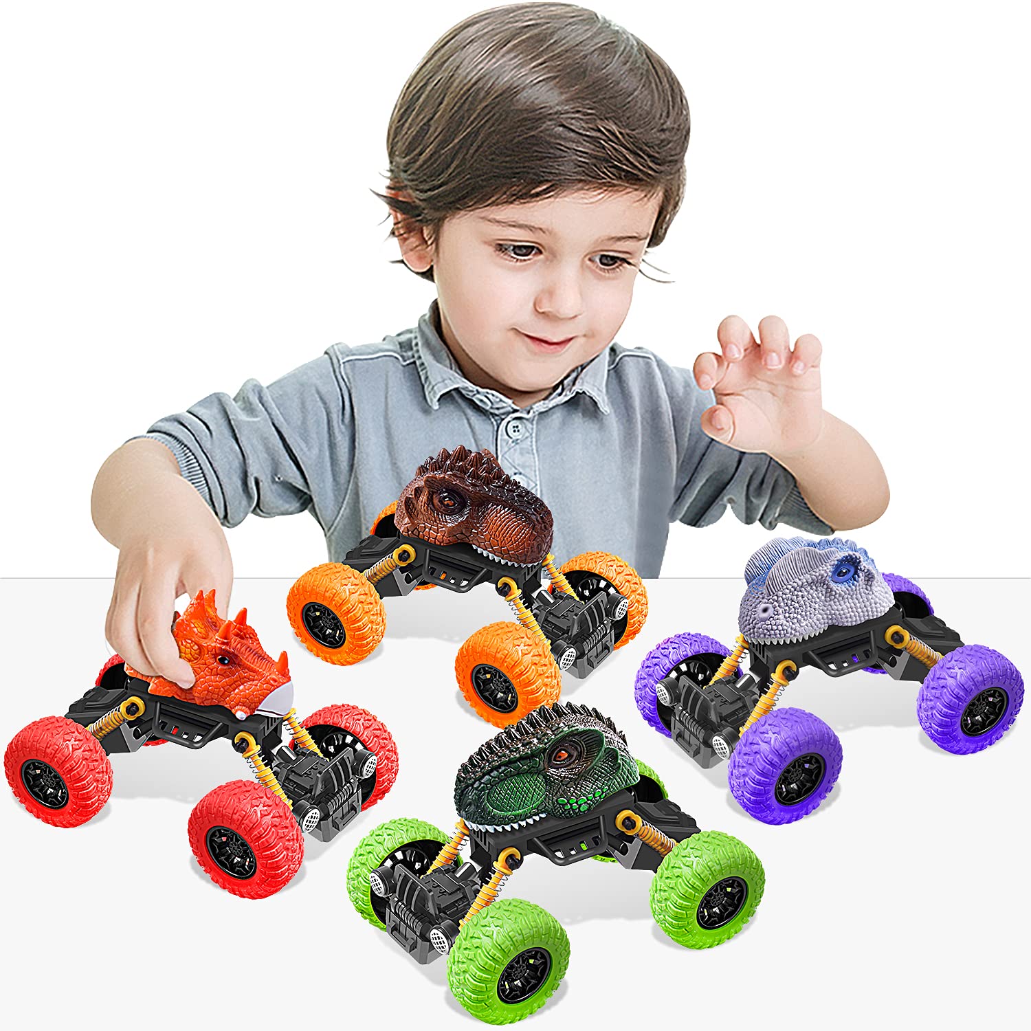 FFTROC Wooden Stacking Dinosaur Toys and Large Size Dinosaur Toys for Boys Cars