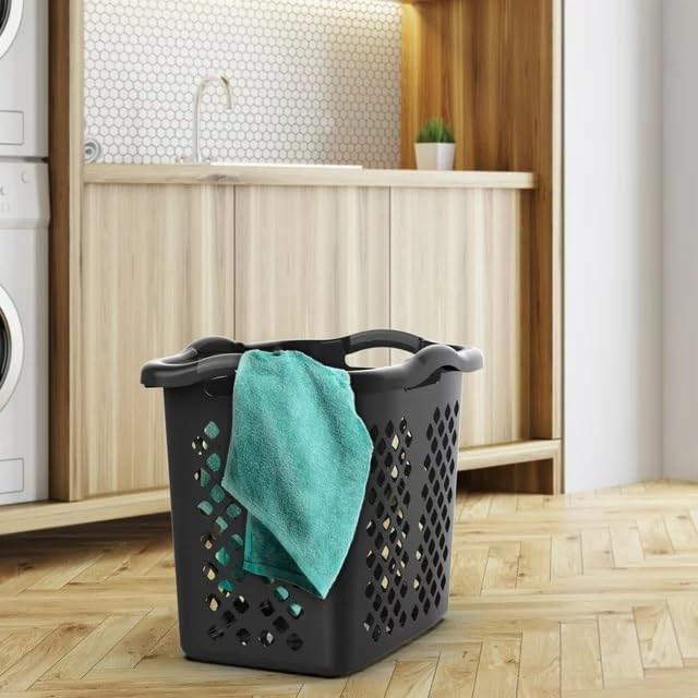 AuOsi 2 Pack Ultra Easy Carry Plastic Laundry Hamper, 2 Bushel Lamper Plastic Laundry Basket with Silver Handles,Dirty Clothes Laundry Hamper Bin for Home, Apartment, or Dorm Room, Black, KT458