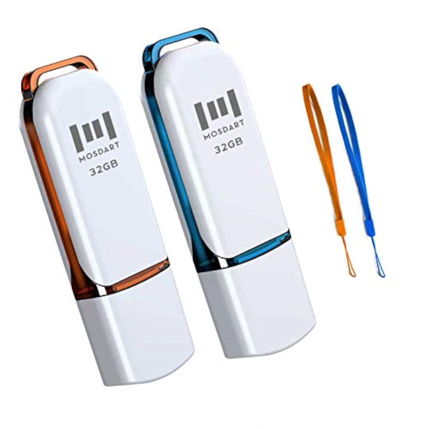 MOSDART 32GB USB2.0 Flash Drive, with LED Light and Lanyards, FAT32 Memory Stick for Computers, System Backup, Data Storage, Orange and Blue(Pack of 2)