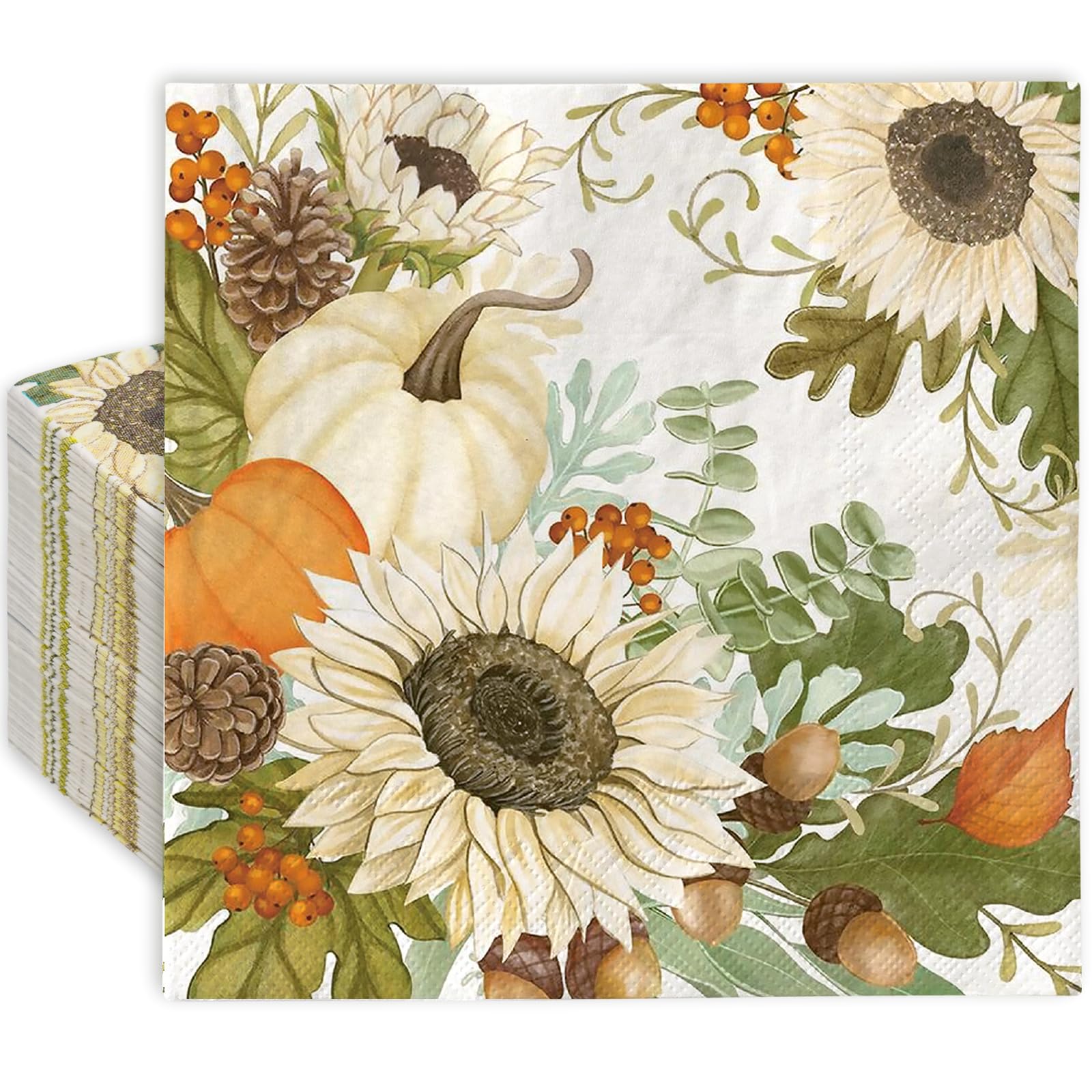AnyDesign 80Pcs Fall Paper napkins Watercolor Pumpkin Sunflower Luncheon Napkins Decorative Autumn Dessert Dinner Hand Napkin for Thanksgiving Harvest Wedding Birthday Party Supplies, 6.5 x 6.5 Inch