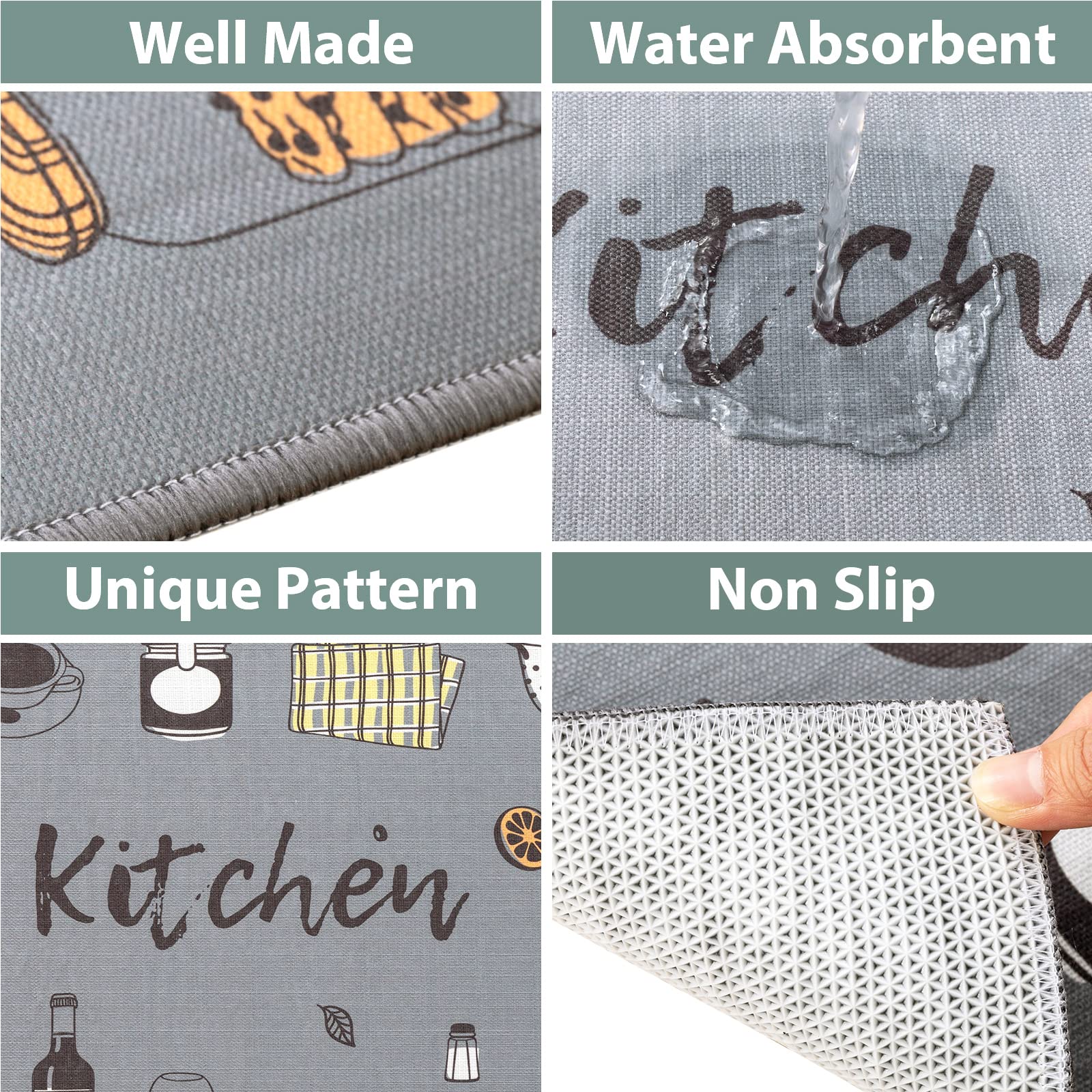 Carvapet 2 Pieces Non-Slip Kitchen Rug TPR Non-Skid Backing Mat for Doorway Bathroom Runner Rug Set, Grey Kitchen Design (17"x48"+17"x24")