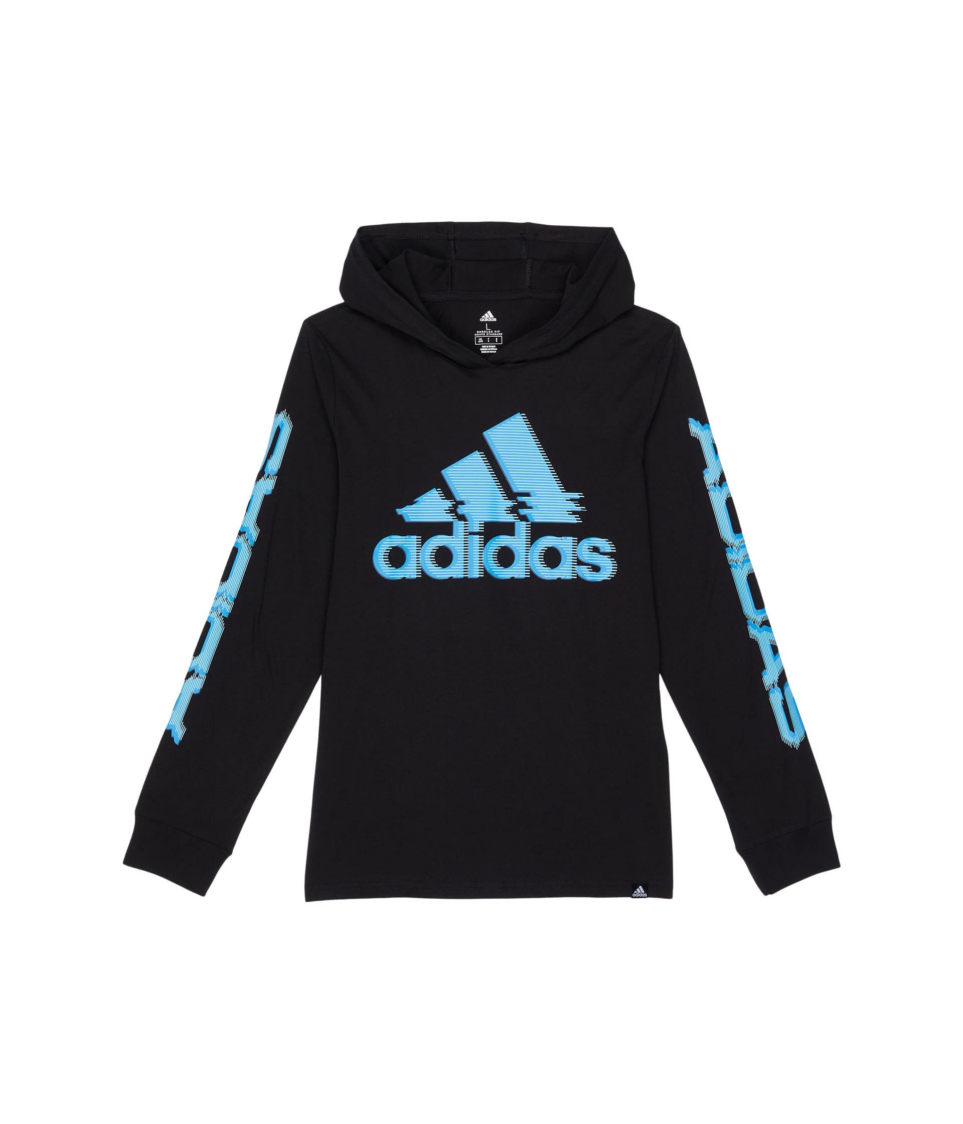 adidas Boys' Long Sleeve Cotton BoS Logo Hooded T-Shirt, Black/Blue, Medium (10/12)