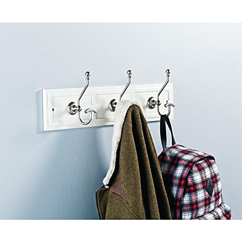 Liberty 22 inch Stylish Wall Mounted White and Satin Nickel Wardrobe Hook Rail/Coat Rack with 3 Pretty Dual Hanger Hooks for Coats, Hats, Scarves, Key • Extra Wide Hanging Space