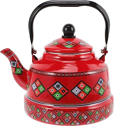 Ceramic Teapot Vintage Enamel Teapot Stainless Steel Tea Kettle Camping Coffee Kettle Floral Hot Water Boiler Pot for Home Kitchen Red 2.5L (Color : Red)