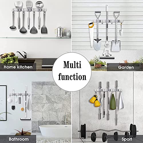 Piyl Mop Broom Holder Wall Mount Heavy Duty Hooks Hanger 17β Stainless Steel Organizer for Home Laundry Bathroom Kitchen Garage Garden Utility Tools Rack Storage Durable