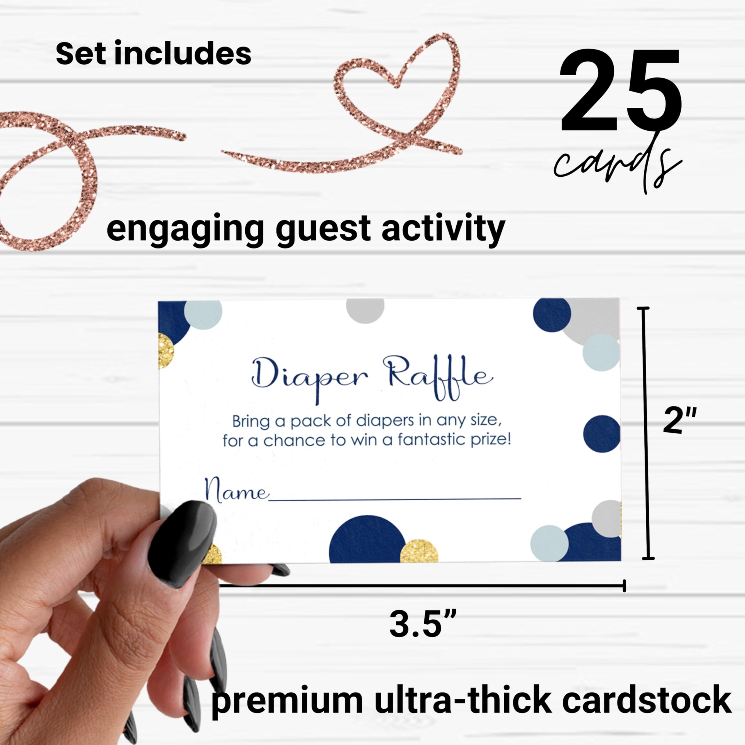 Navy and Gold Diaper Raffle Tickets, Boys Baby Shower Games for Prizes, Baby Shower Diaper Raffle Invitation Insert Cards, 25 Pack