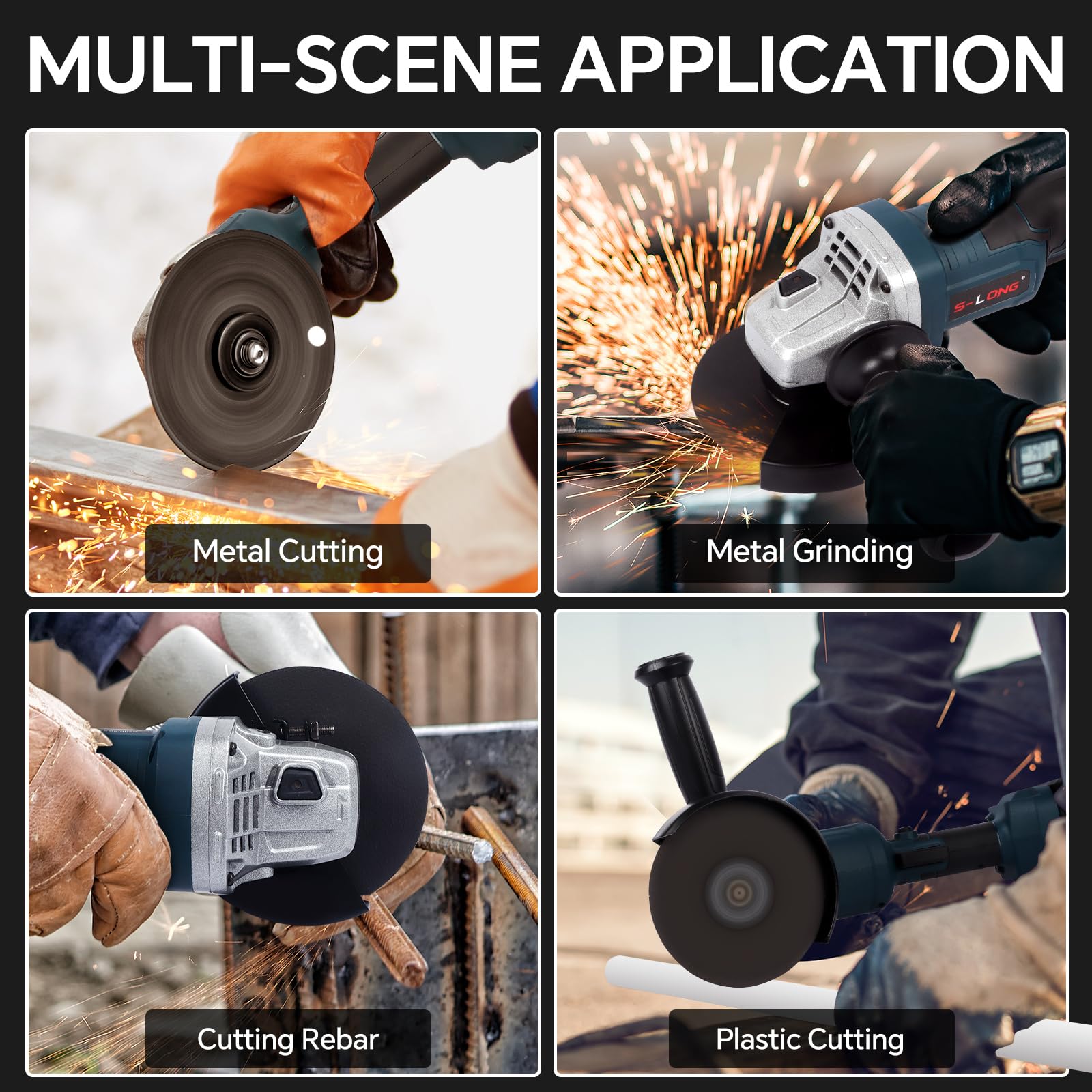 S-LONG Cordless Angle Grinder with 4.0AH Batterie, 20V Power Angle Grinder Tools with Fast Charger, 9000 RPM Brushless Motor Metal Grinder, 4-1/2'' Cutting Wheels, Flap Disc for Cutting